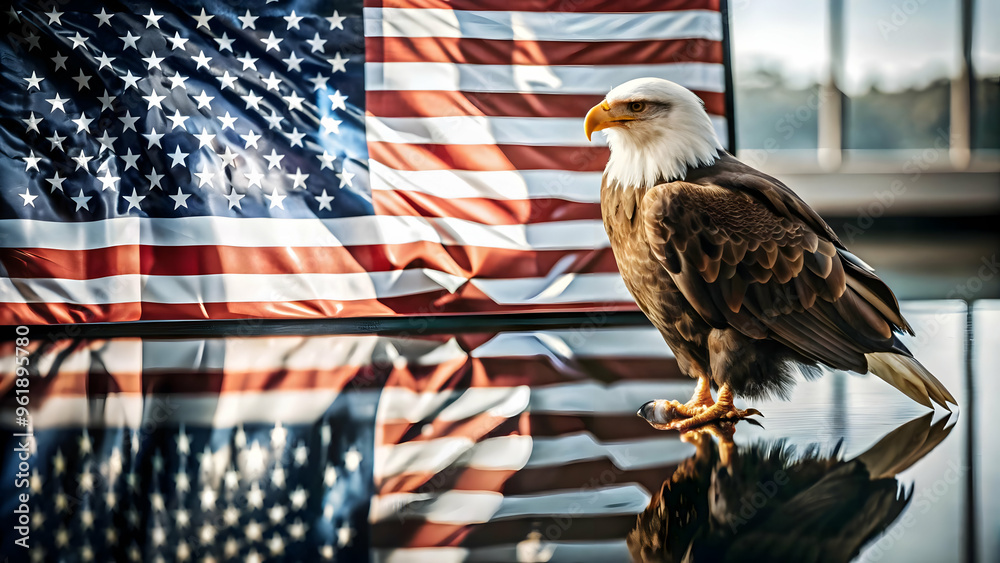 Flat Glossy American Flag and Eagle Emblem Over Reflective Surface: A ...