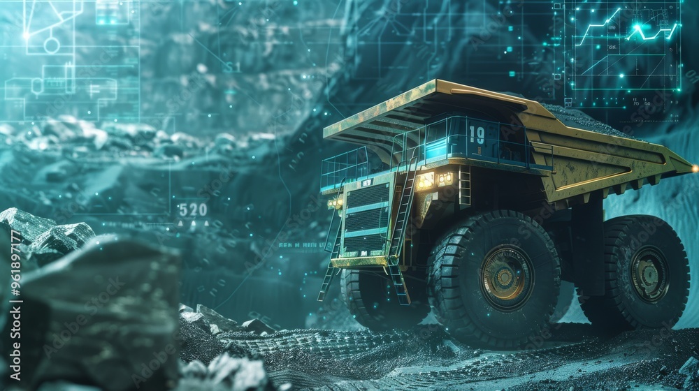 Massive dump truck operating in a futuristic mining environment ...