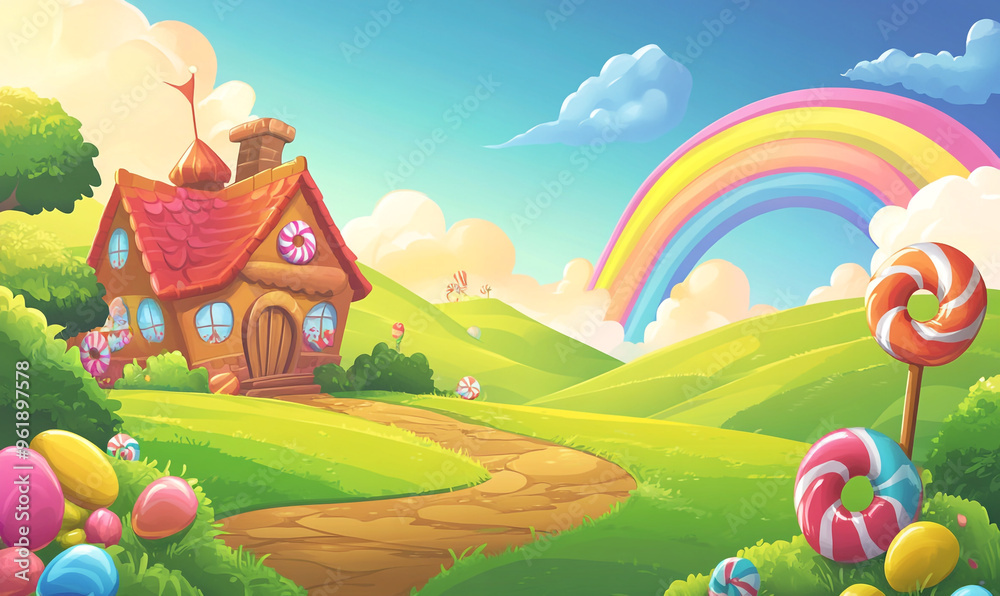 Candyland background with rainbow, candy house and lollipops on the ...