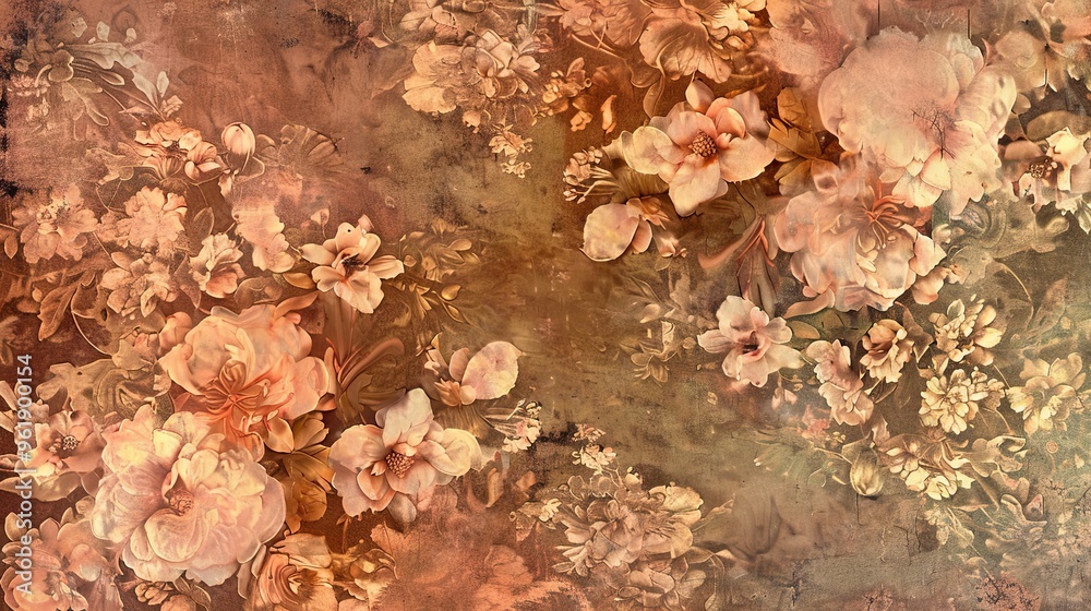 Mannerism background in rose and gold floral patterns with glowing ...