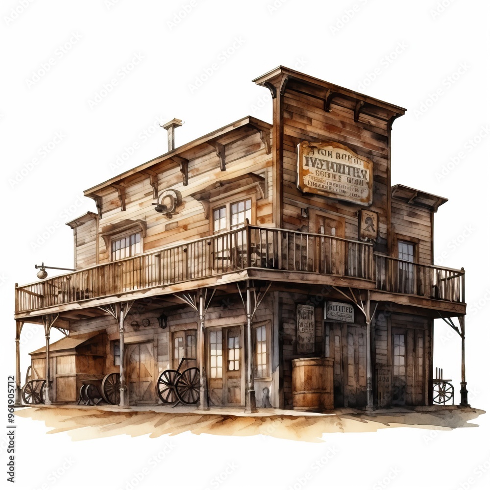 Vintage western saloon with rustic architecture, featuring wooden ...