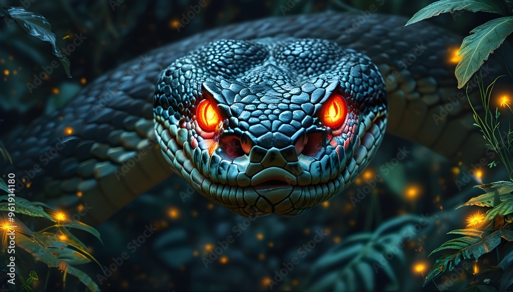 Menacing snake with glowing red eyes lunging through dark jungle filled ...