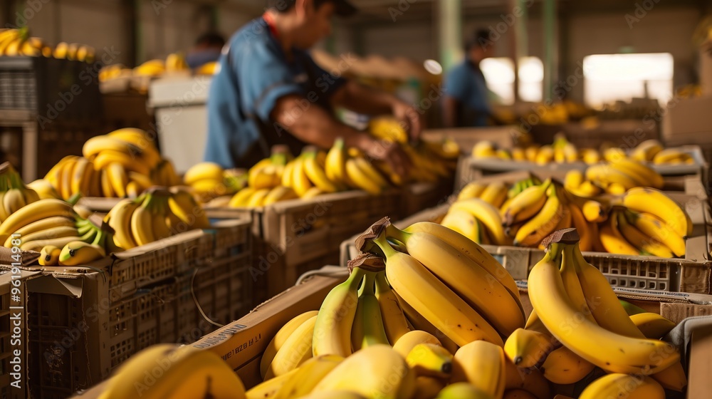The process of sorting and packaging bananas in production. Yellow ...
