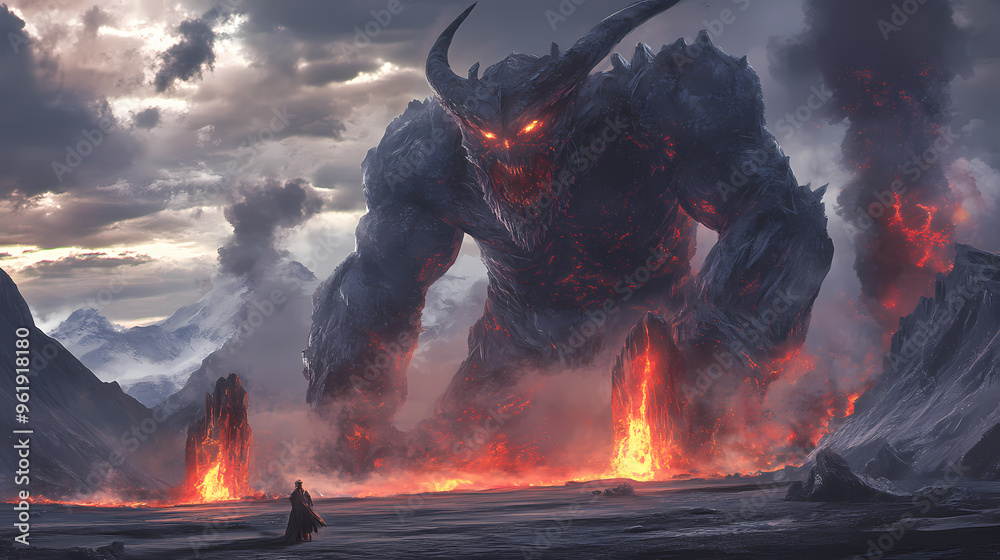 Giant demon statue summoning fire portals in a volcanic landscape ...