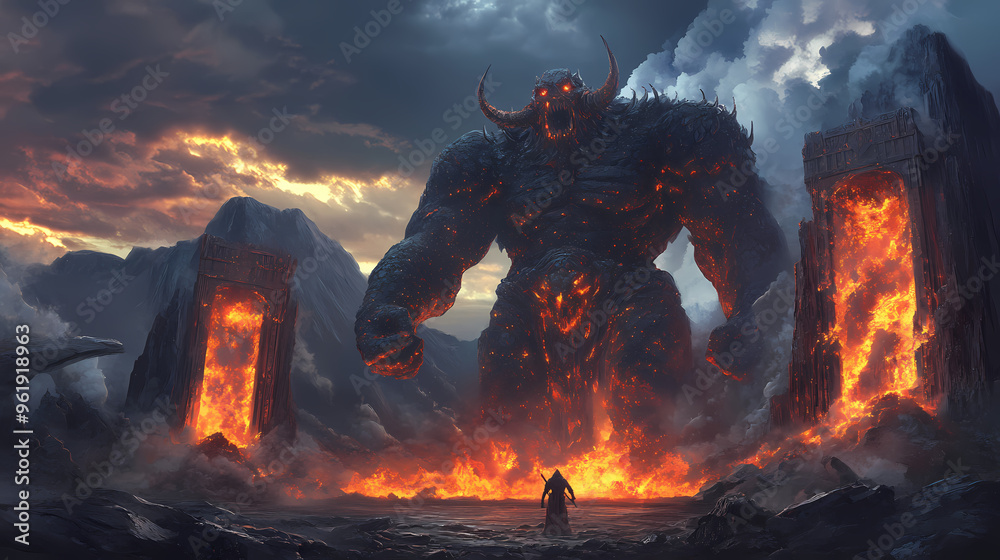 Giant demon statue summoning fire portals in a volcanic landscape ...