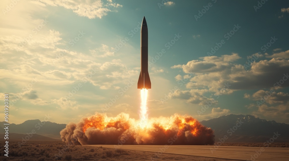 Ballistic nuclear missile launching from a desert pad with fire and ...