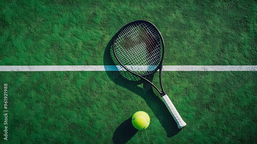 One tennis ball and one tennis racket on a green tennis court, white ...
