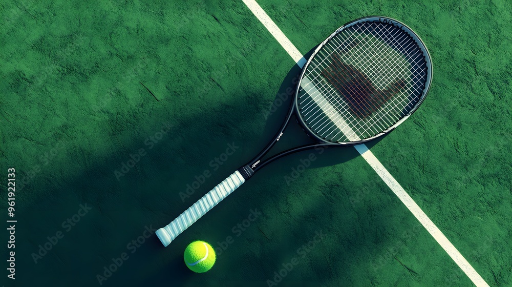 One tennis ball and one tennis racket on a green tennis court, white ...