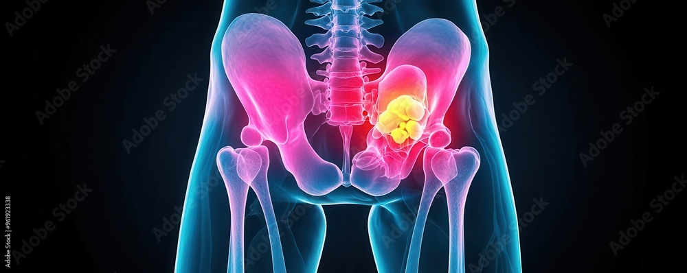 MRI scan of a swollen hip joint, color-coded inflammation areas, joint ...