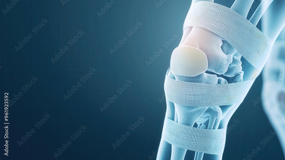 Post-operative image of a knee joint with bandages and swelling, joint ...