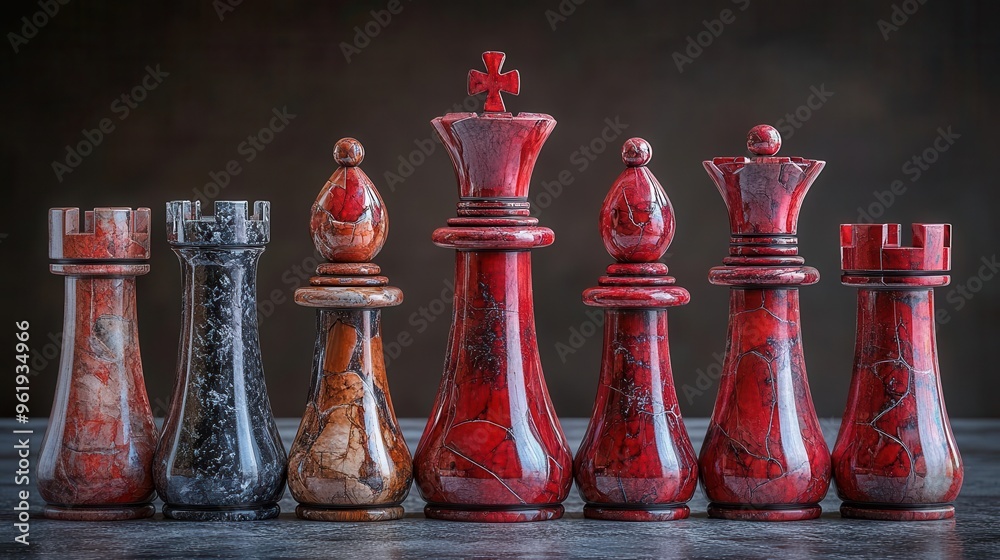 artistic arrangement of chess pieces bold red color scheme dramatic ...