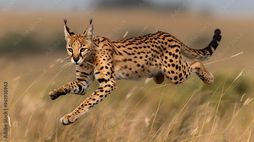 Elegant serval cat leaping to catch prey, grasslands: An elegant serval ...