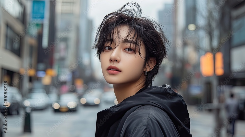 41. A portrait of a Korean K-pop singer with a chic, urban look, styled ...