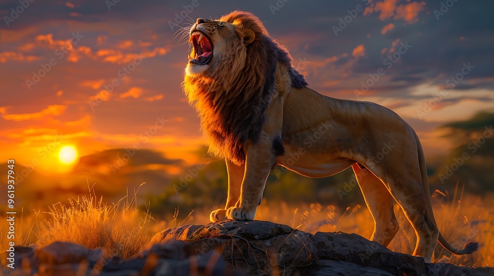Majestic lion roaring on savanna rock, golden sunset: A powerful lion ...