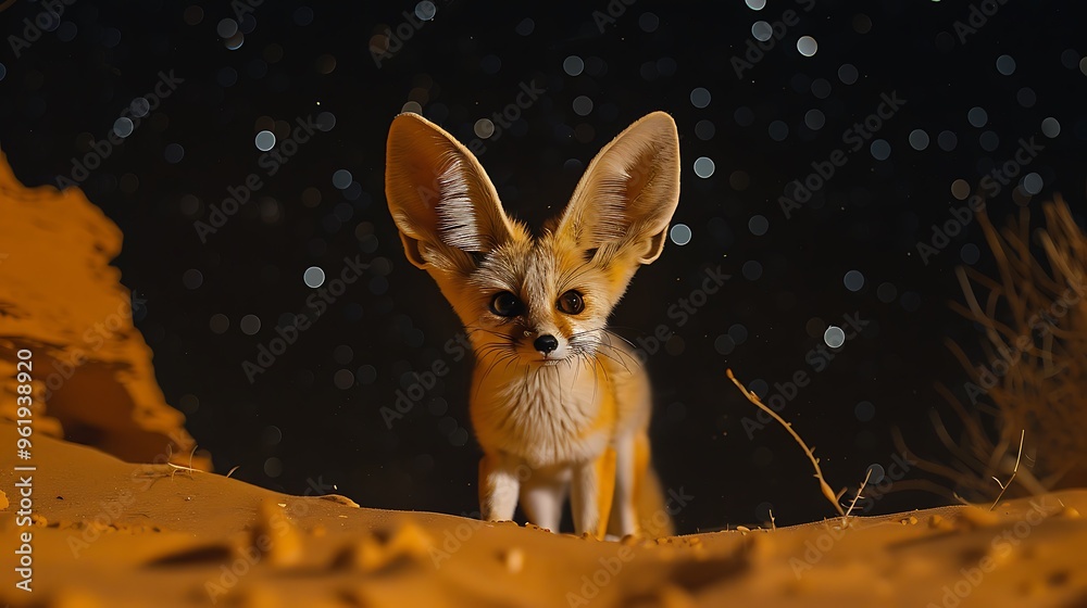 Playful fennec fox with oversized ears, desert night: A playful fennec ...