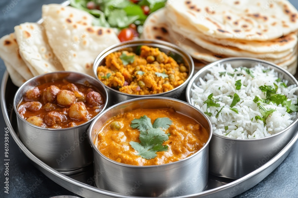 Stainless steel Indian vegetarian lunch box for office contains Dal Fry ...