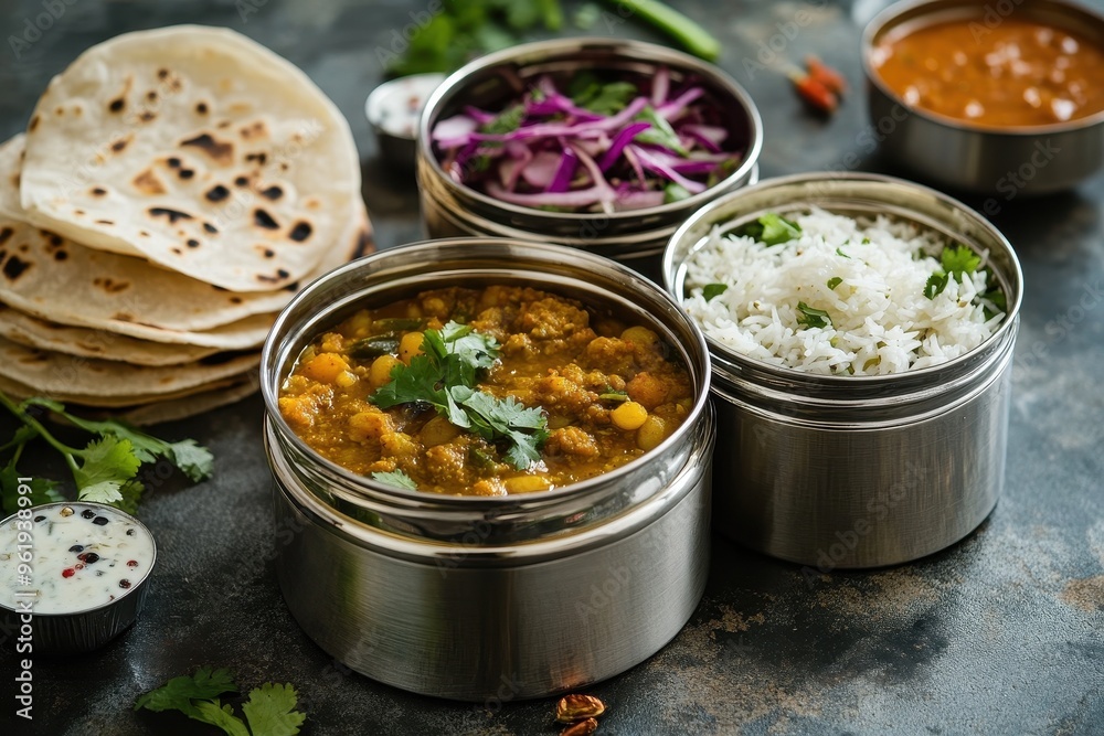 Stainless steel Indian vegetarian lunch box for office includes dal fry ...