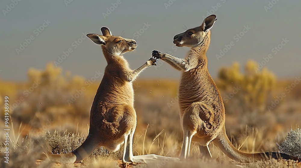 Playful kangaroo boxing in Australian outback: Two kangaroos engage in playful boxing in the ...