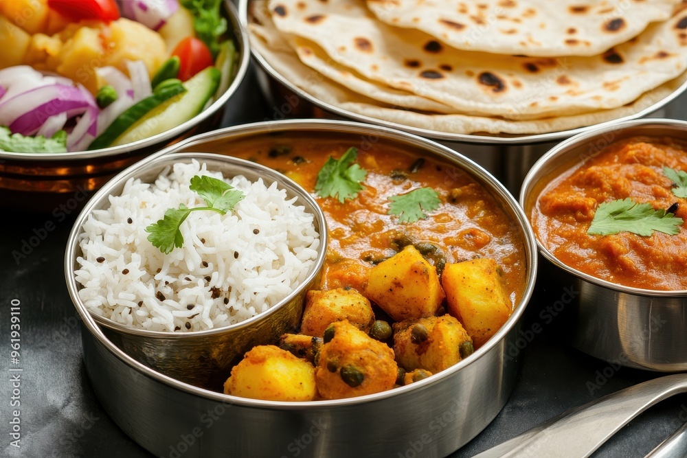 Stainless steel lunch box with Maharashtrian menu Chapati Dal Rice ...
