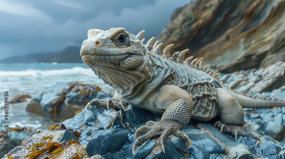 Prehistoric-looking tuatara on rocky New Zealand coast: A prehistoric ...