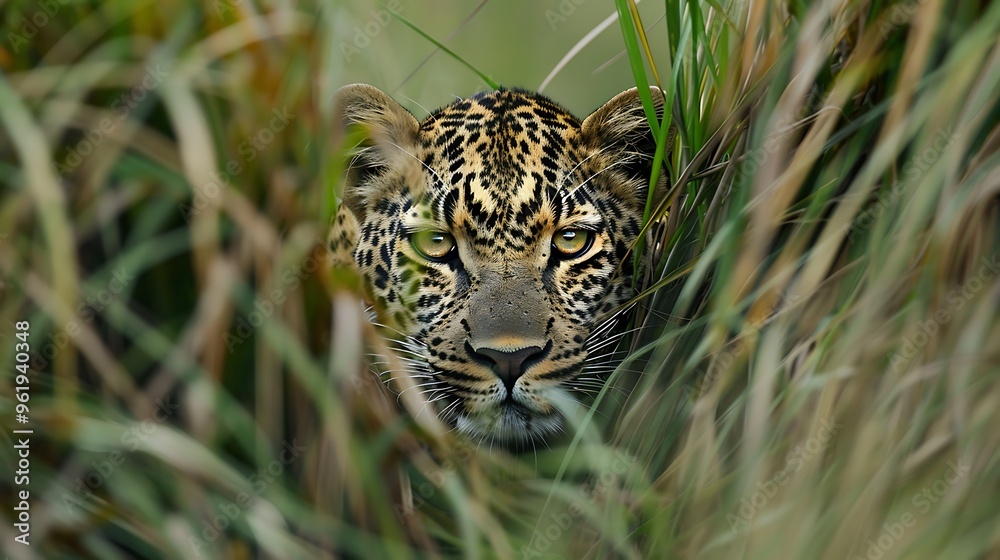 Stealthy leopard hidden in savanna grass, eyes glowing: A stealthy ...