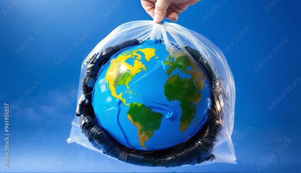 The Earth encapsulated within a clear plastic bag, showing the planet ...