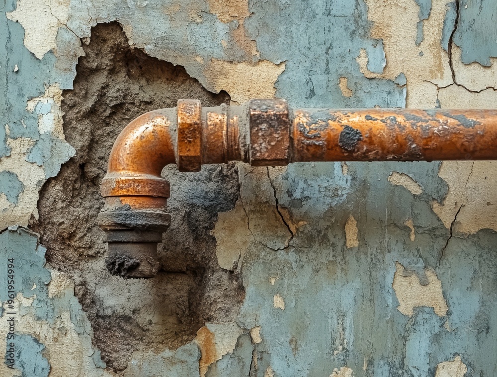 Close-up photo of an old water pipe dripping inside the wall damaged ...