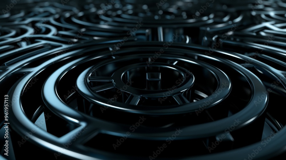 A detailed close-up view of a circular black metallic maze, emphasizing ...