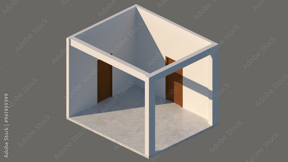 3D axonometric model rendering of a room with two doors, beams, and columns for architectural ...