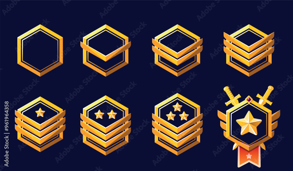 Set of game rank icons isolated. Military game ranking badge set with ...