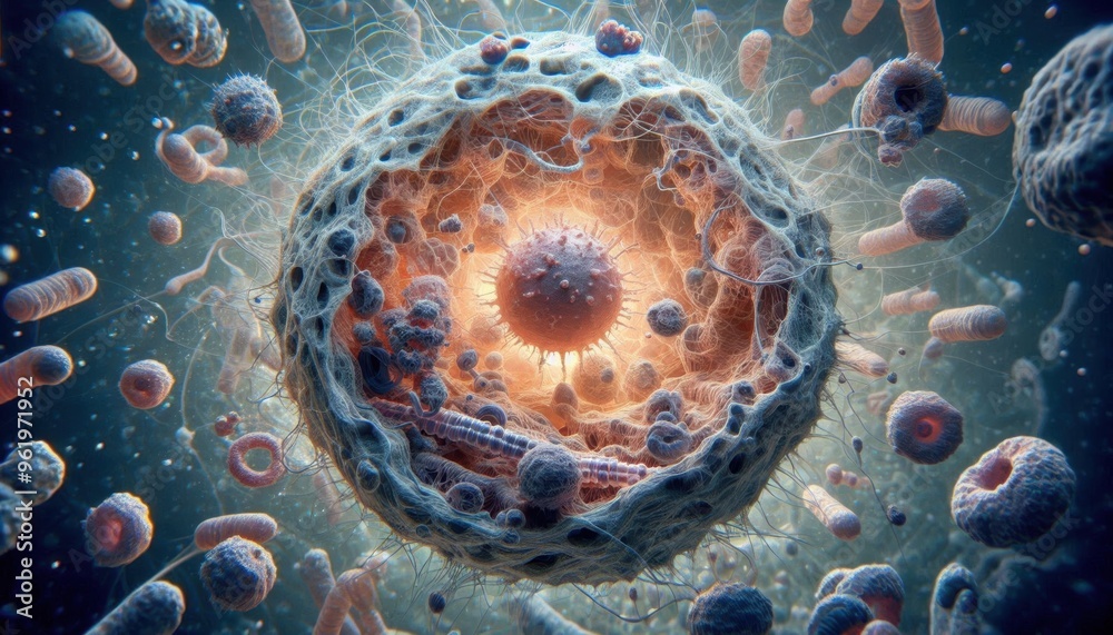 Immersive view of a chaotic cancer cell, highlighting mutated DNA in ...