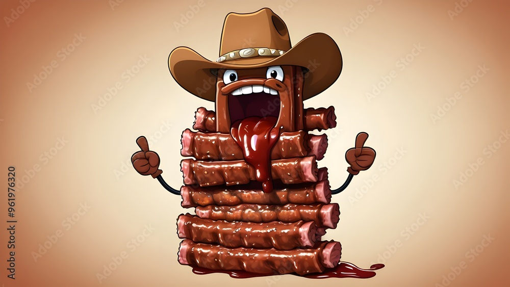ribs a stack of ribs wearing a cowboy hat riding a bottle of barbecue ...