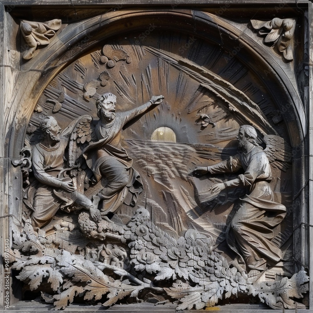 In an ethereal landscape, two angels observe as Jesus Christ rises ...