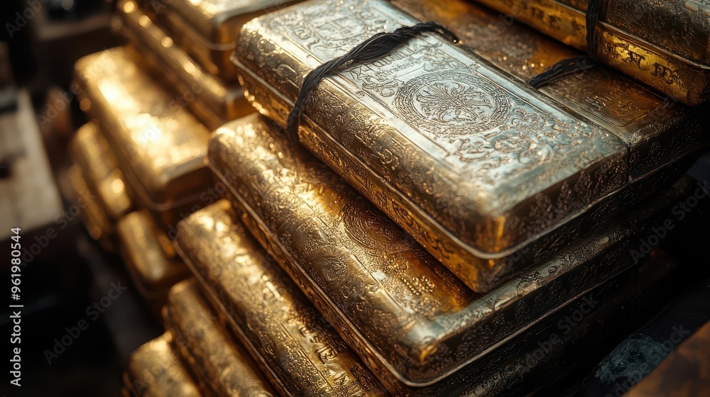 intricately engraved gold bars stacked in a opulent display covered in ...