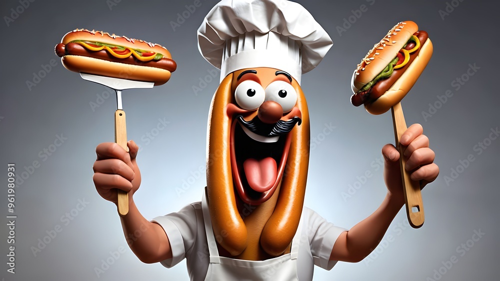 grill master hot dog a hot dog character wearing a chef's hat and apron ...