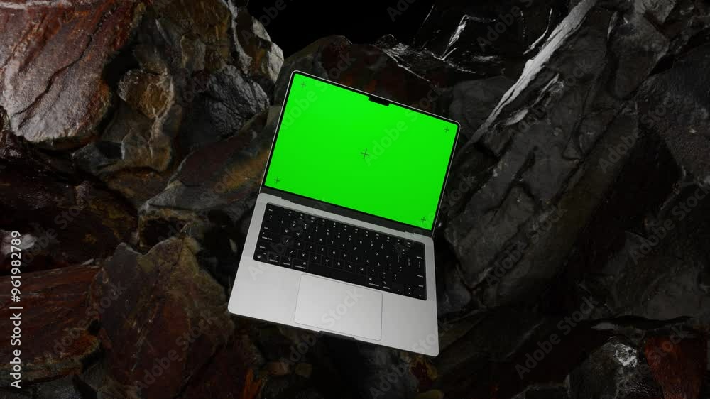 Laptop Mockup Greenscreen Template For chroma key on Rock Background ...