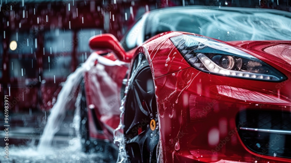 Red sports luxury car under a water jet during the washing process at a ...
