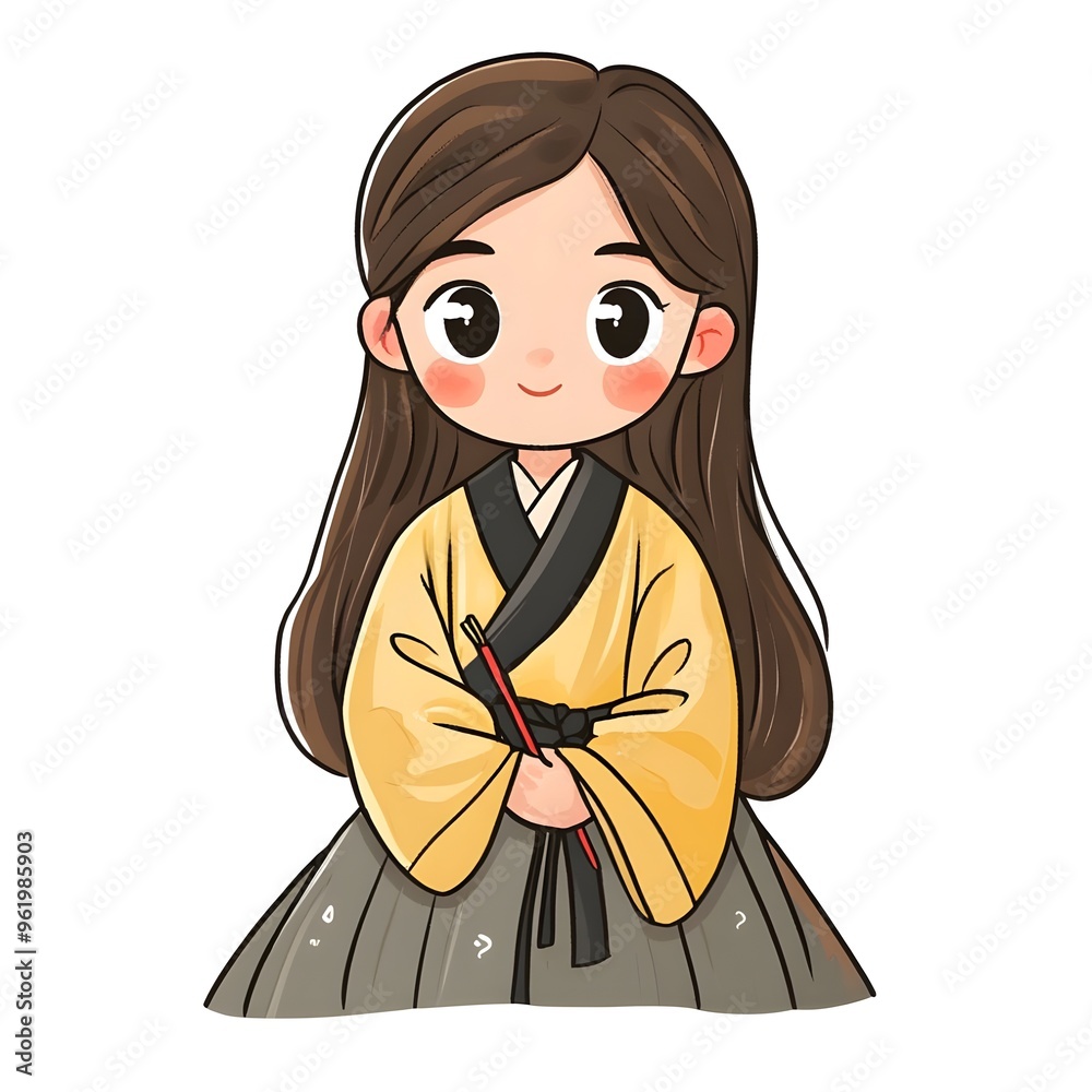 A beautiful cartoon full body child wearing Seo-juk is a traditional ...