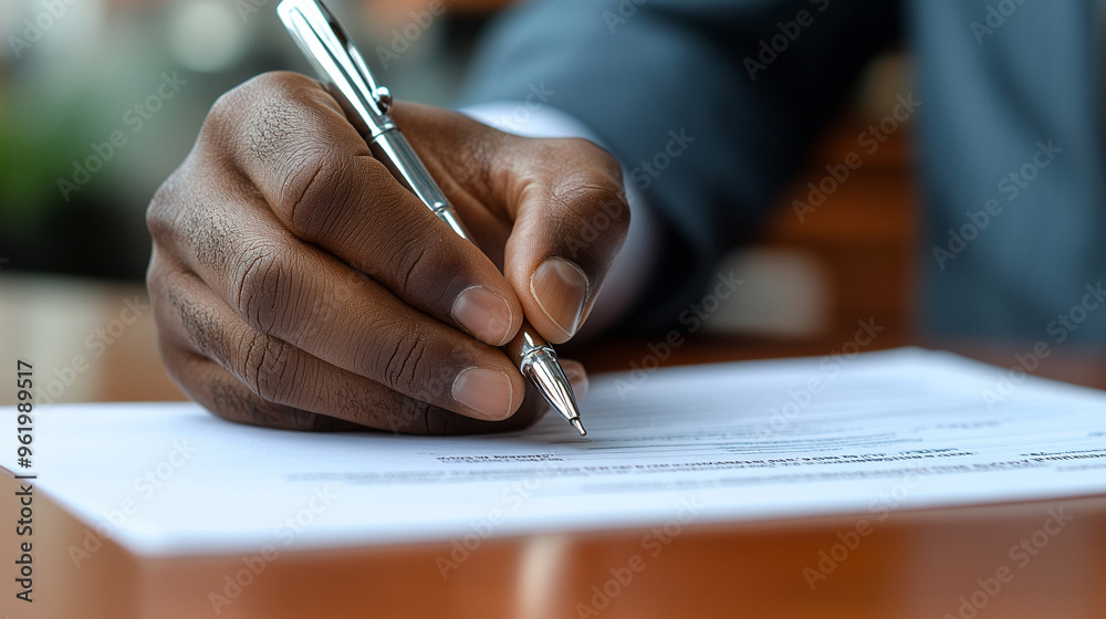 Black man’s hand signing a contract, symbolizing commitment, agreement ...