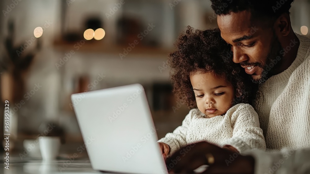 An intimate moment of a father and his young child using a laptop ...