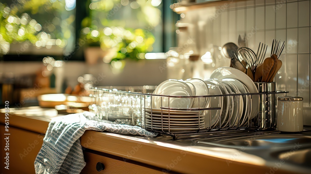 Clean dishes and utensils drying in sunlight on kitchen counter ...