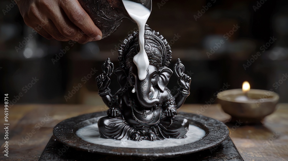 Black stone Ganesha statue is pouring white milk on an antique Ganesha ...