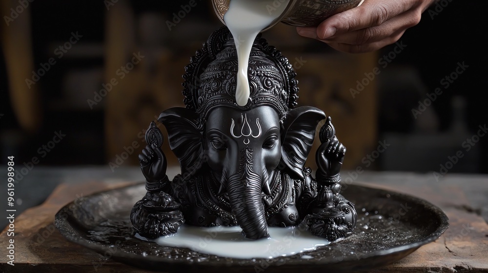 Black stone Ganesha statue is pouring white milk on an antique Ganesha ...