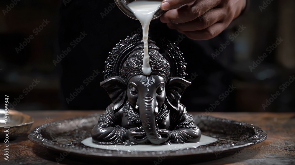 Black stone Ganesha statue is pouring white milk on an antique Ganesha ...