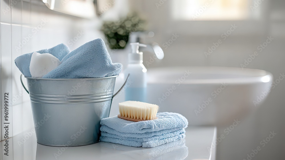 Bathroom essentials including towels, soap, and brush in metal bucket ...
