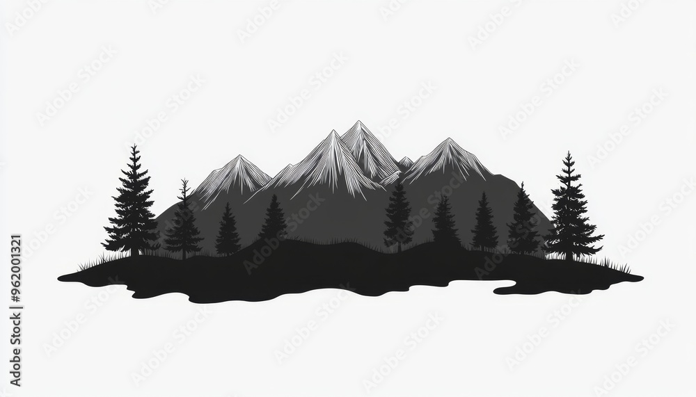 Minimalist Mountain Adventure: Black Silhouette Icons of Panoramic Landscape with Peaks and Fir ...