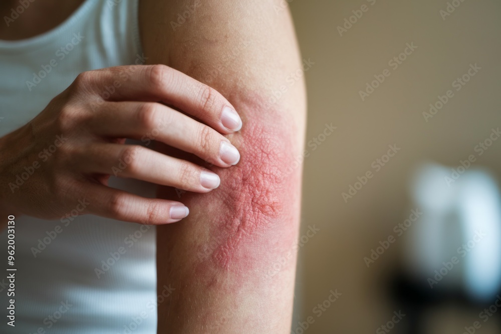 Skin rash itch. Close-up of a person scratching a red, itchy rash on ...