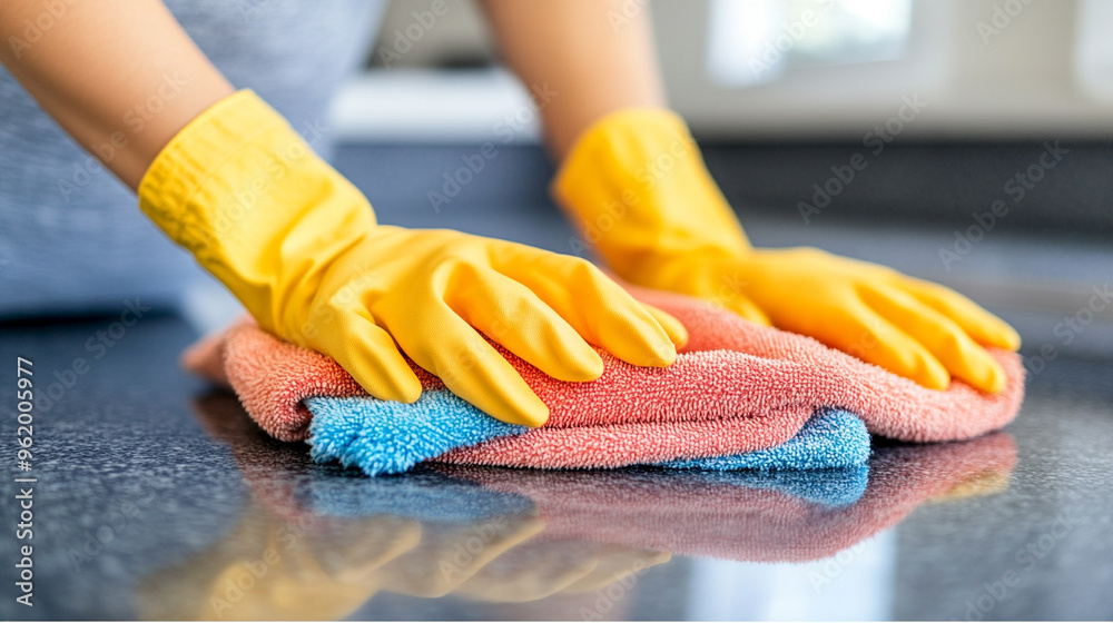 Close-up of a female cleaner's gloved hands in action, symbolizing hard ...