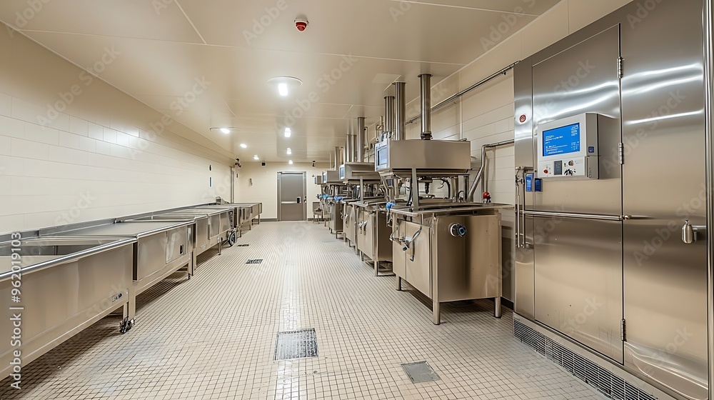 Stainless steel food processing equipment lines a modern industrial ...