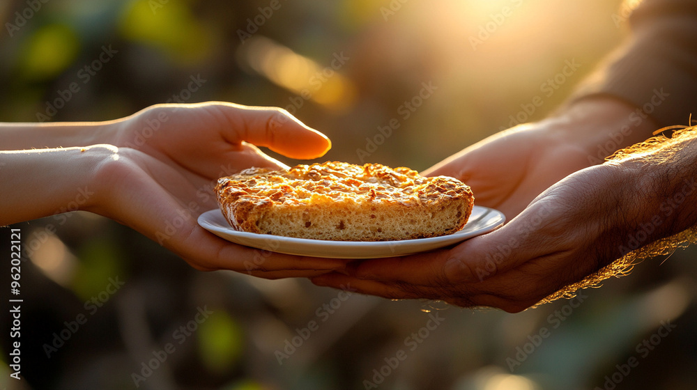 pair of volunteer hands offering bread to a homeless man in need. This ...